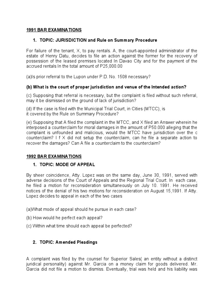 Civil Procedure Bar Questions in Remedial Law From 1990 To 1992 | PDF ...