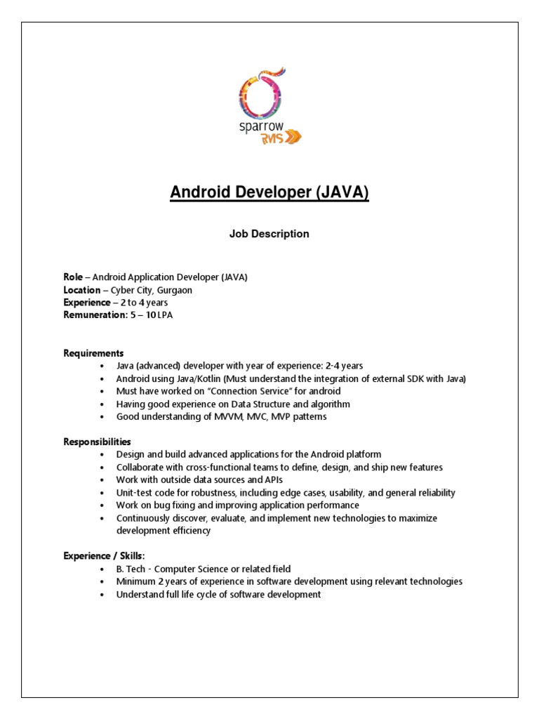 JD - Android Developer (JAVA) | PDF | Android (Operating System) | Java (Programming Language)