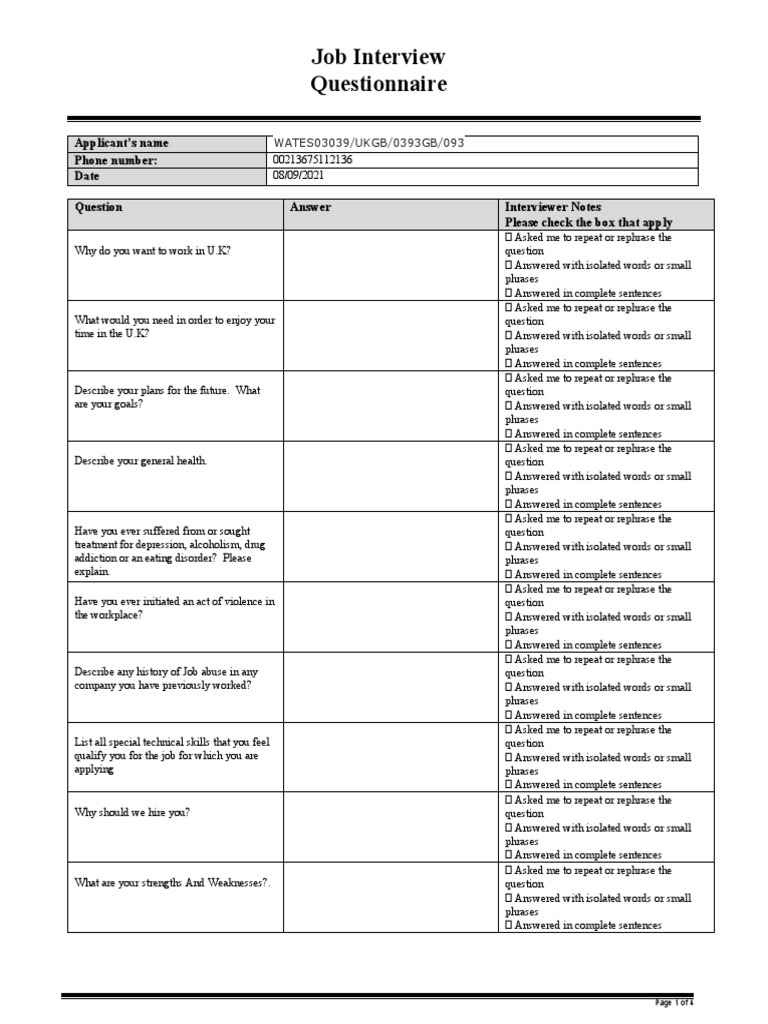 Job Interview Questionnaire | PDF | English Language | Vocabulary