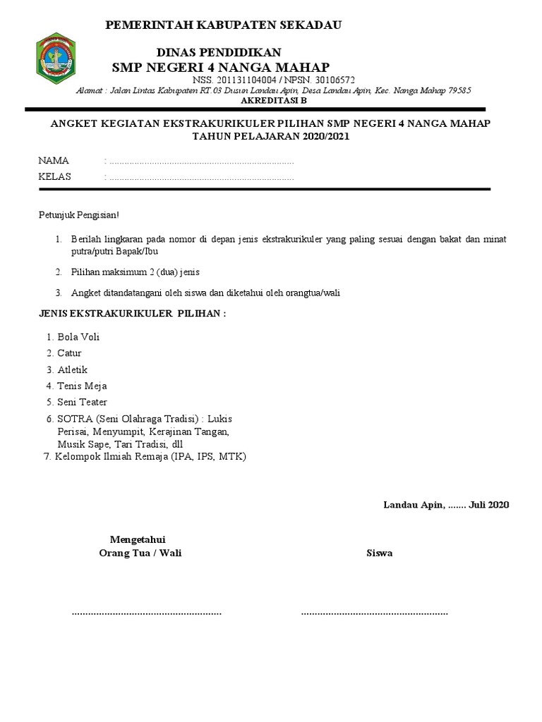 Angket Ekskul New | PDF