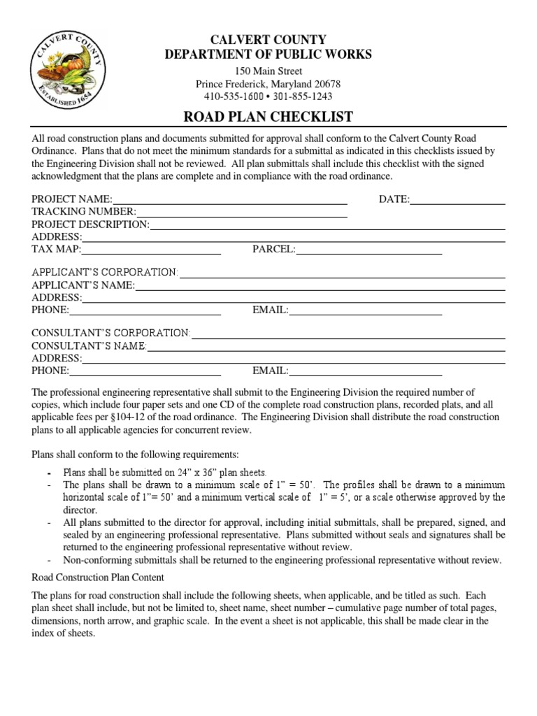 Road Plan Checklist: Calvert County Department of Public Works | PDF ...