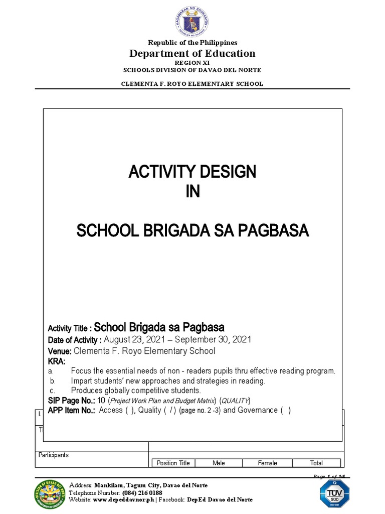 Activity Design IN School Brigada Sa Pagbasa: Department of Education ...