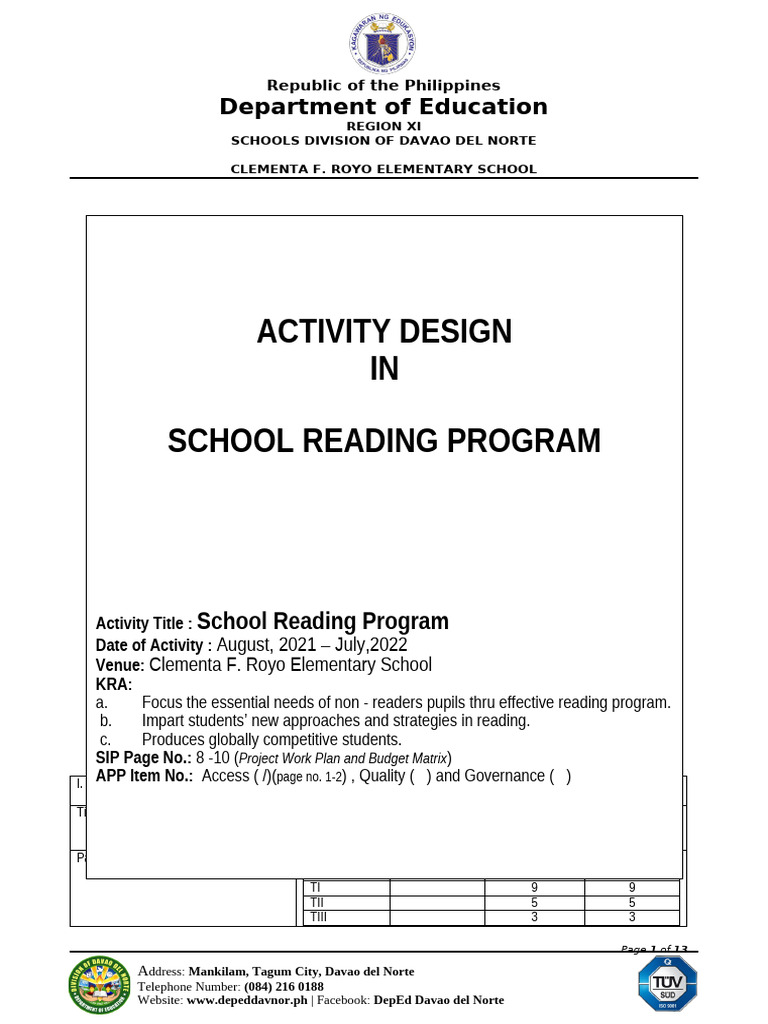 Activity Design On School Reading Program | PDF | Teachers | Literacy