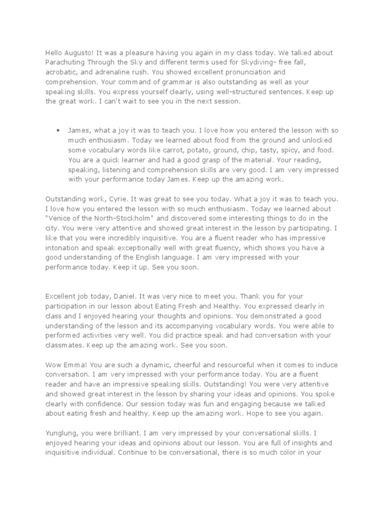 ESL Comment Sample | PDF | Fluency | English Language