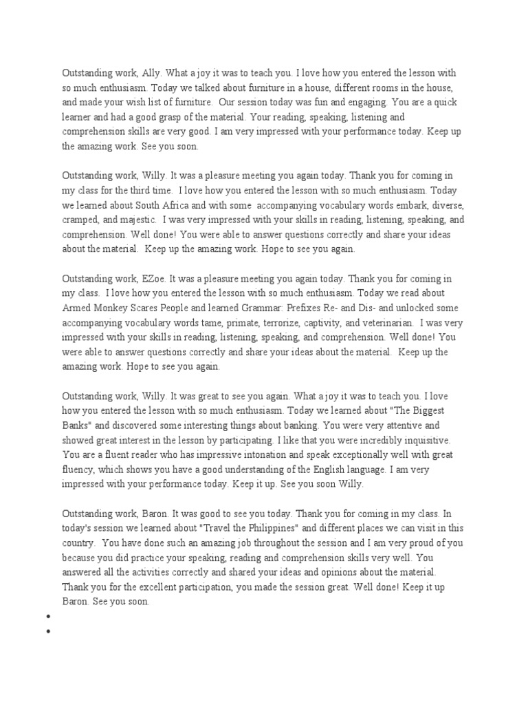 Comments Regular ESL Class | PDF | Reading Comprehension | Fluency