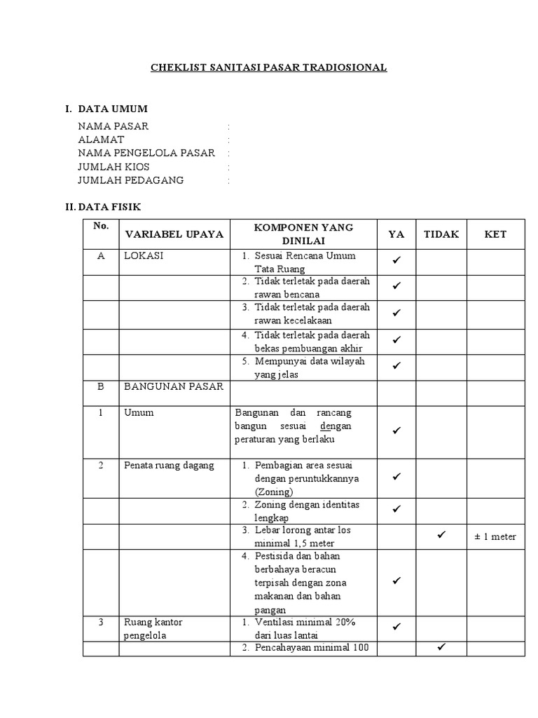 Cheklist Dan Kuisoner Sanitasi Pasar Lengkap | PDF