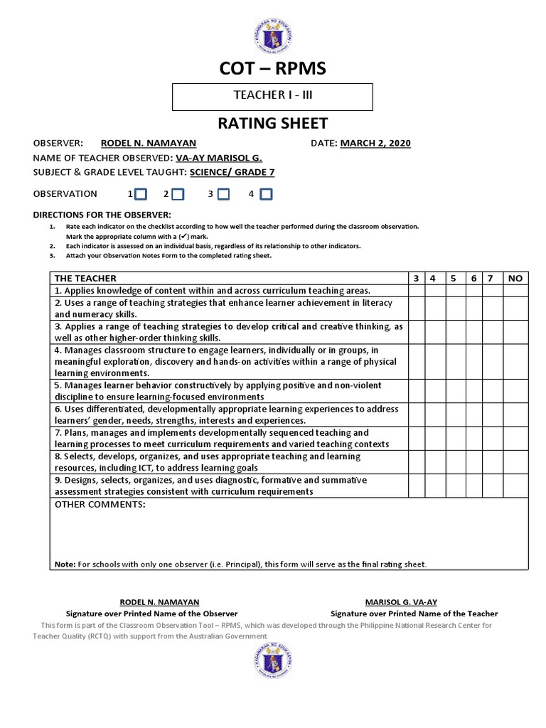 Cot RPMS Rating Sheet Observation Notes Form and Inter Observer ...