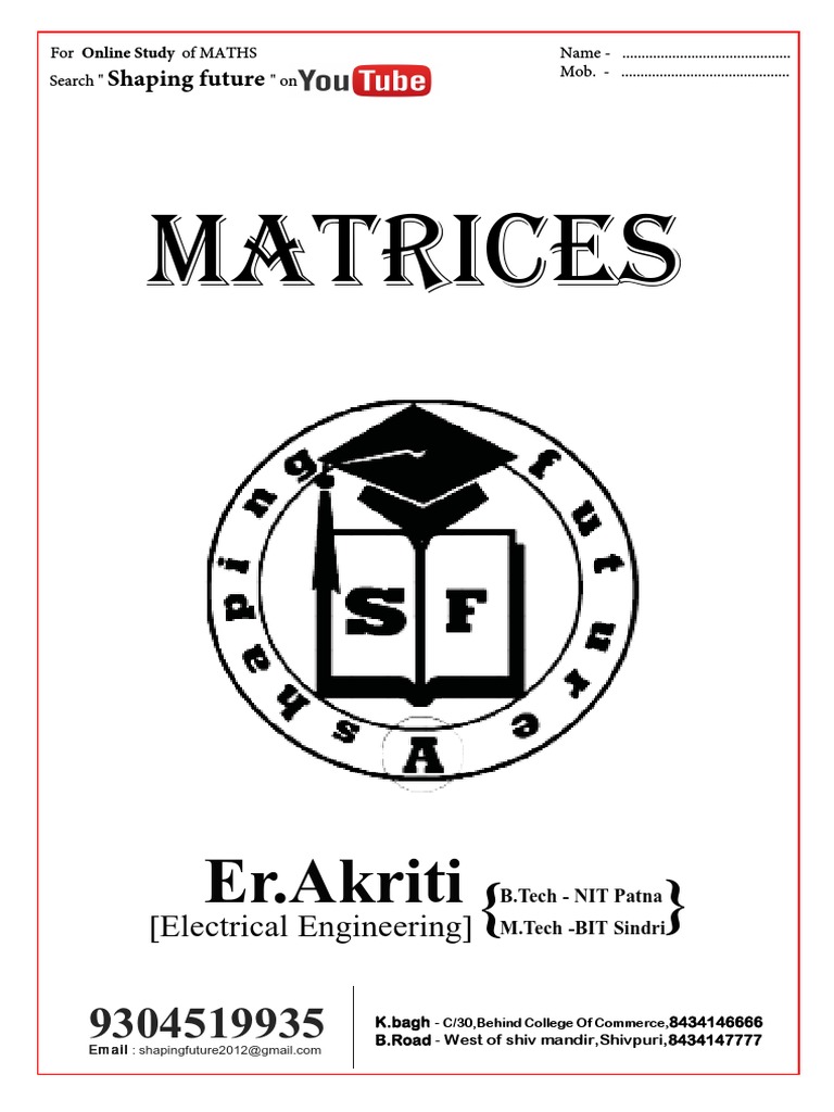 Matrices Booklet | PDF | Matrix (Mathematics) | Functions And Mappings