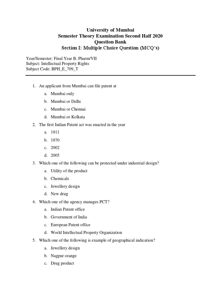 Final Year B. Pharm IPR MCQs 2020 | PDF