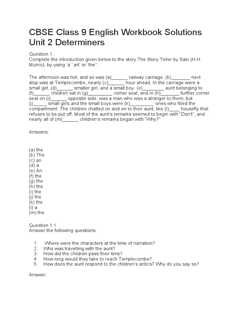 CBSE Class 9 English Workbook Solutions Unit 2 Determiners | PDF ...