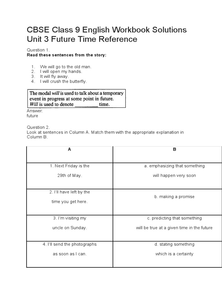 CBSE Class 9 English Workbook Solutions Unit 3 Future Time Reference | Download Free PDF | Mail ...