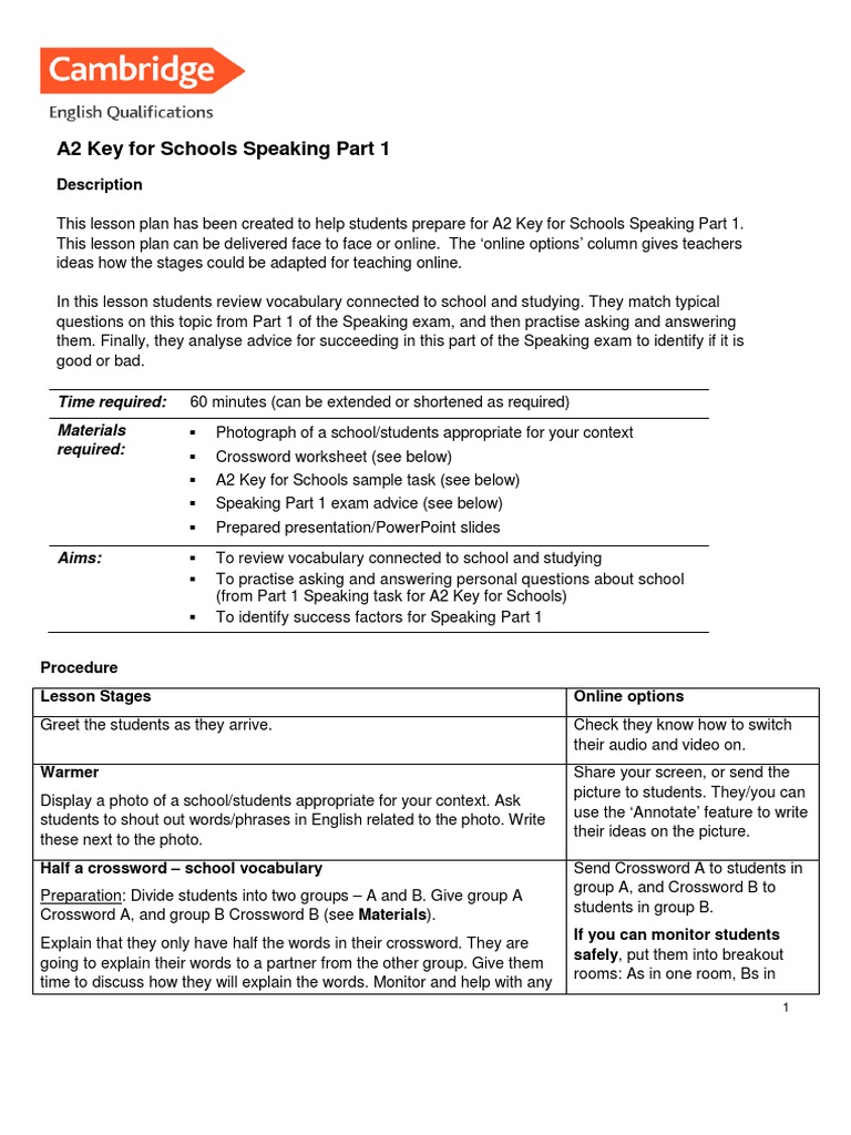 Online Teaching A2 Key For Schools Speaking Part 1 | PDF | Question ...