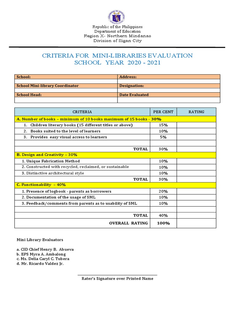 Mini-Library Evaluation Criteria 2020-2021 | PDF
