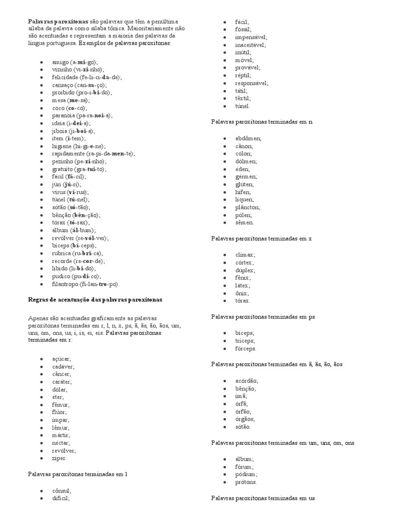 Palavras Paroxítonas Proparoxítonas e Oxítonas | PDF | Estresse ...