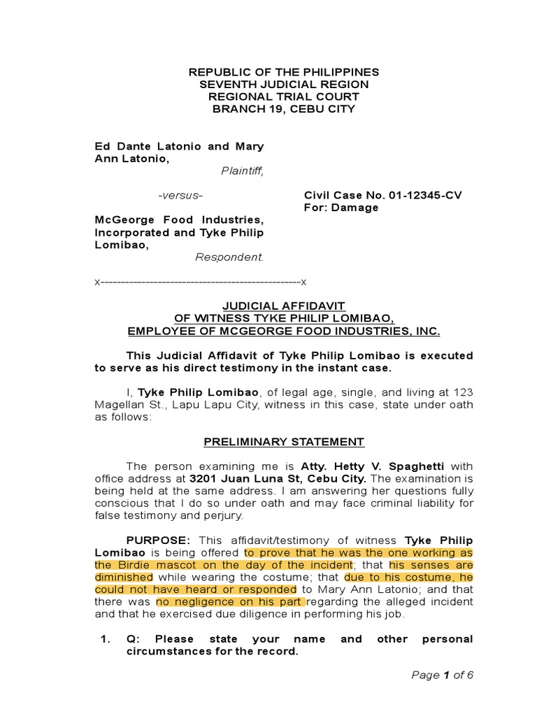 Annex 1 (Judicial Affidavit - Tyke Philip Lomibao) | PDF | Affidavit | Perjury