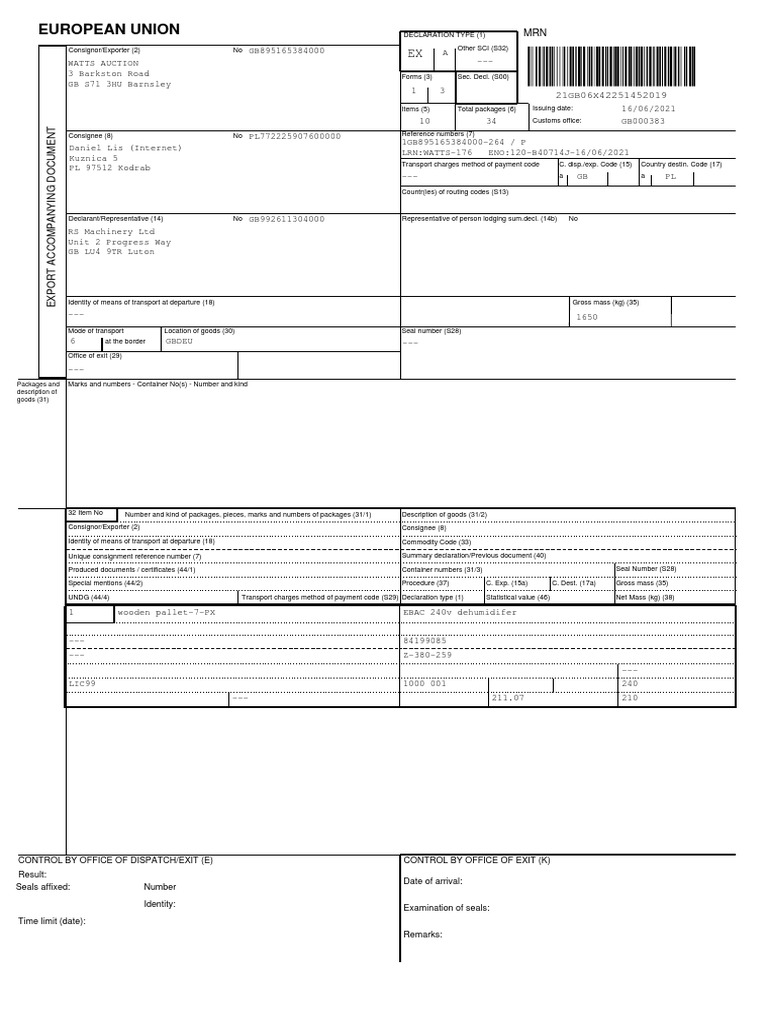 Export Declaration - (21GB06X42251452019) - EAD Data United Kingdom ...