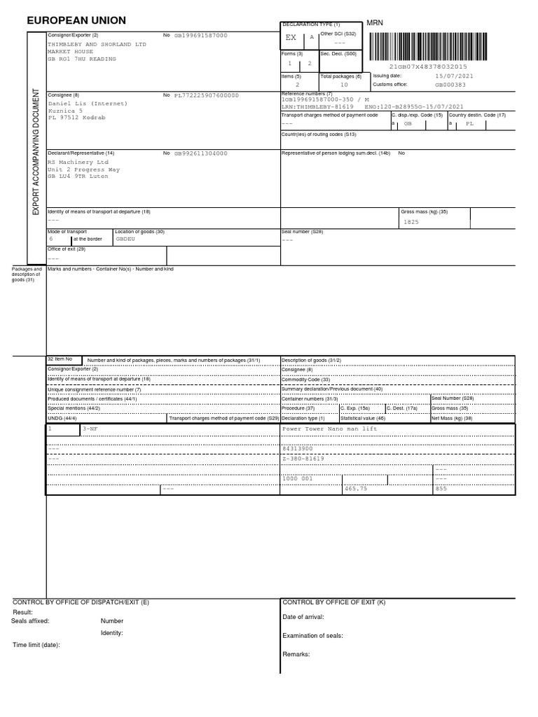 Export Declaration - (21GB07X48378032015) - EAD Data United Kingdom ...