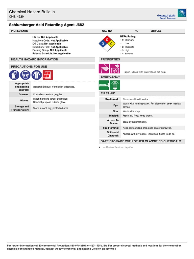 Chemical Hazard Bulletin: Schlumberger Acid Retarding Agent J682 | PDF ...