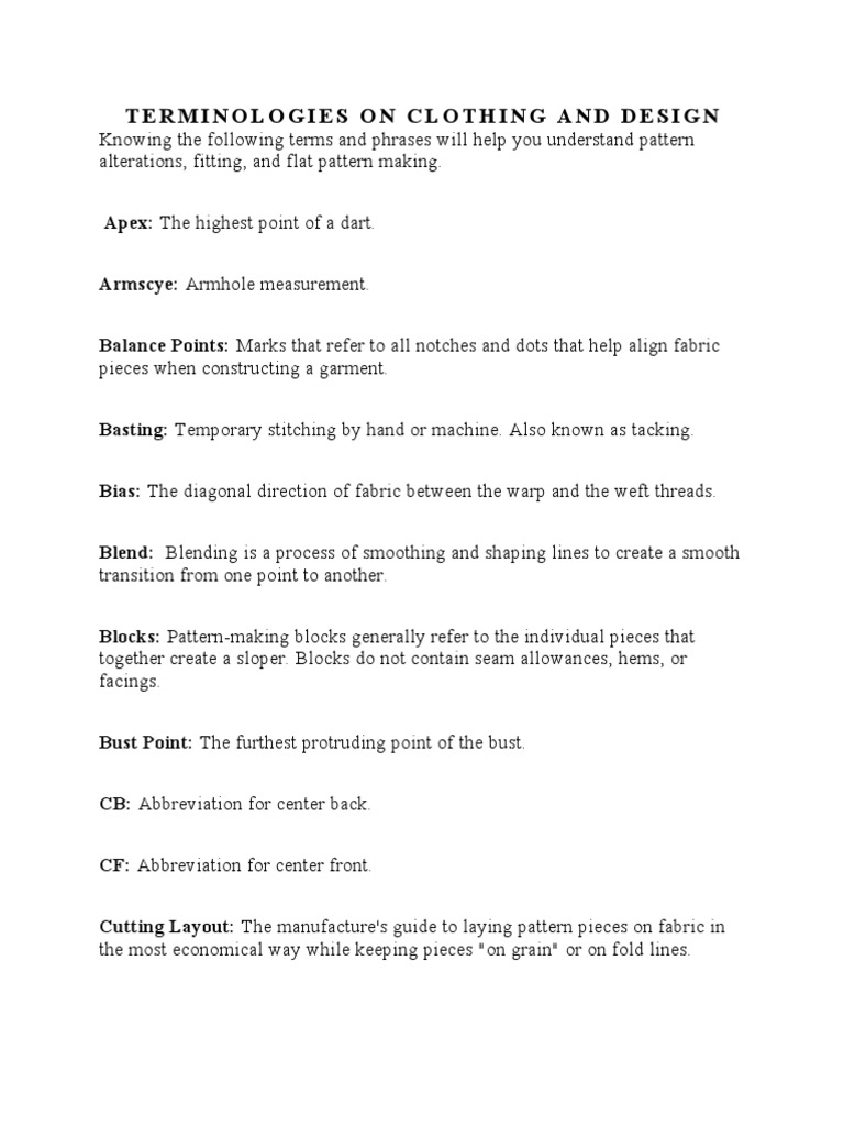 Terminologies On Pattern and Design | PDF | Seam (Sewing) | Sewing