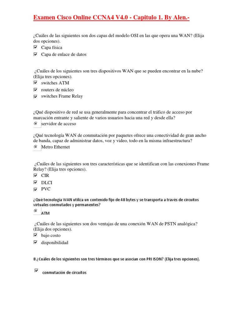 Examen Cisco CCNA4 V4.0 - Capitulo 1 | PDF | Red de área amplia | Modo de Transferencia Asíncrona