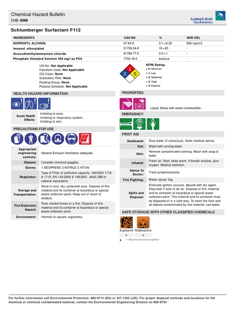 Chemical Hazard Bulletin: Schlumberger Surfactant F112 | PDF | Water ...