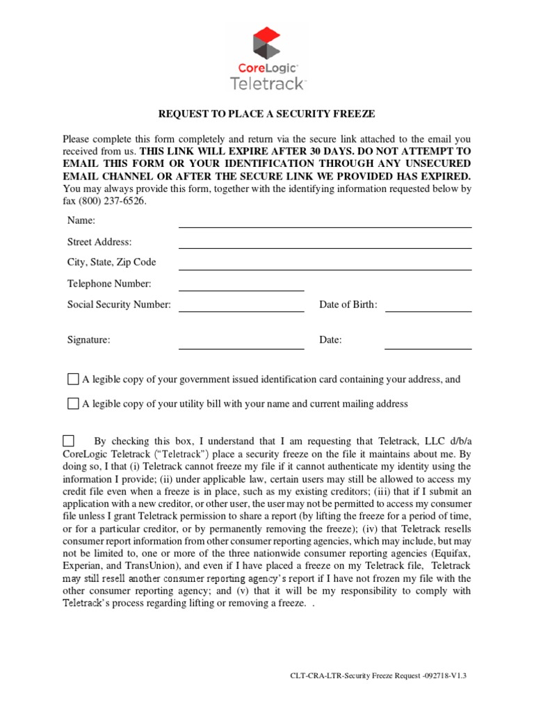 Security Freeze Request | PDF | Credit Bureau | Credit History