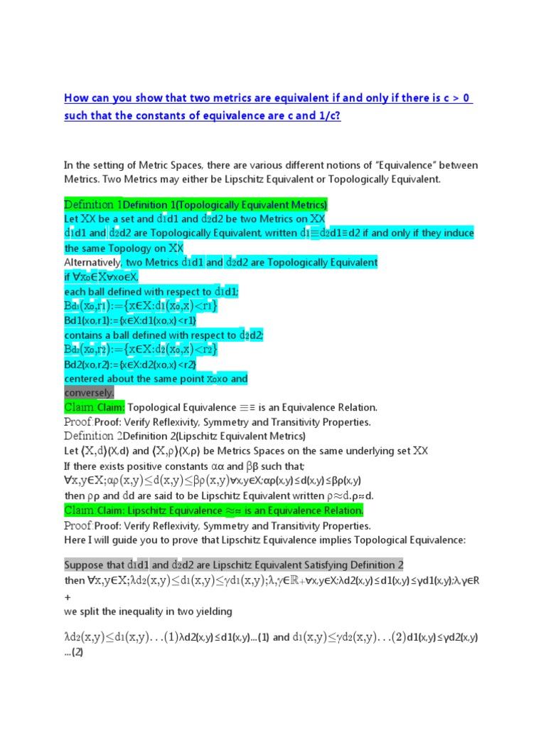 (Topologically Equivalent Metrics | PDF | Metric Space | Topology