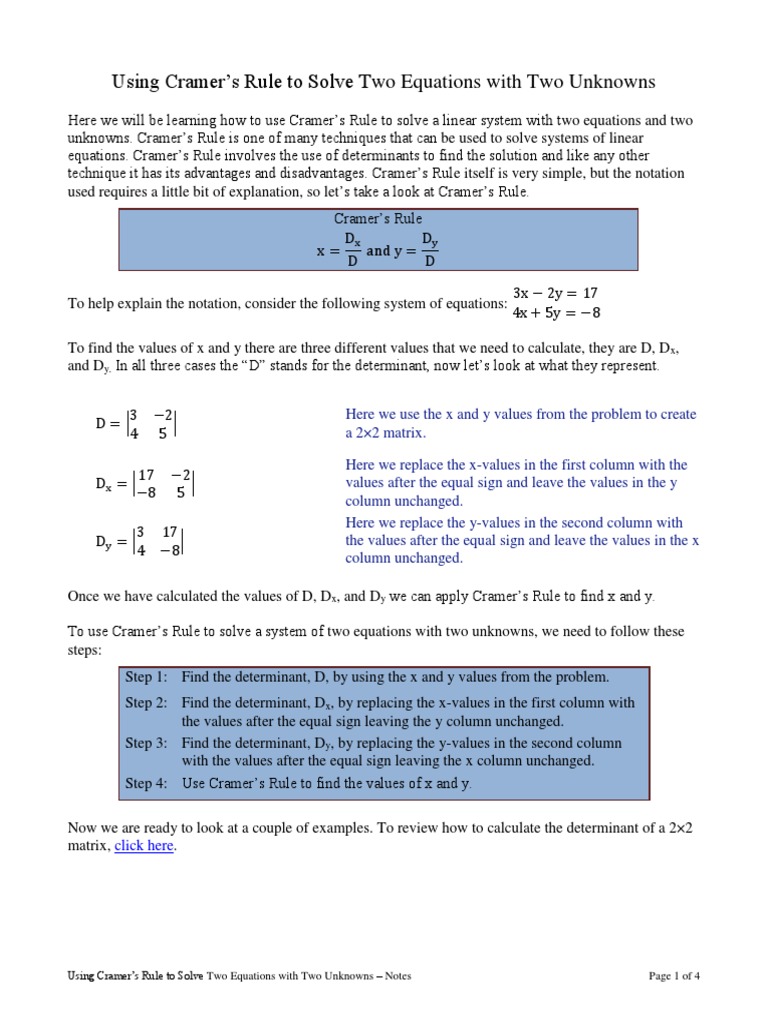 Cramer's Rule for 2x2 Systems Explained | PDF | Determinant | Numerical ...