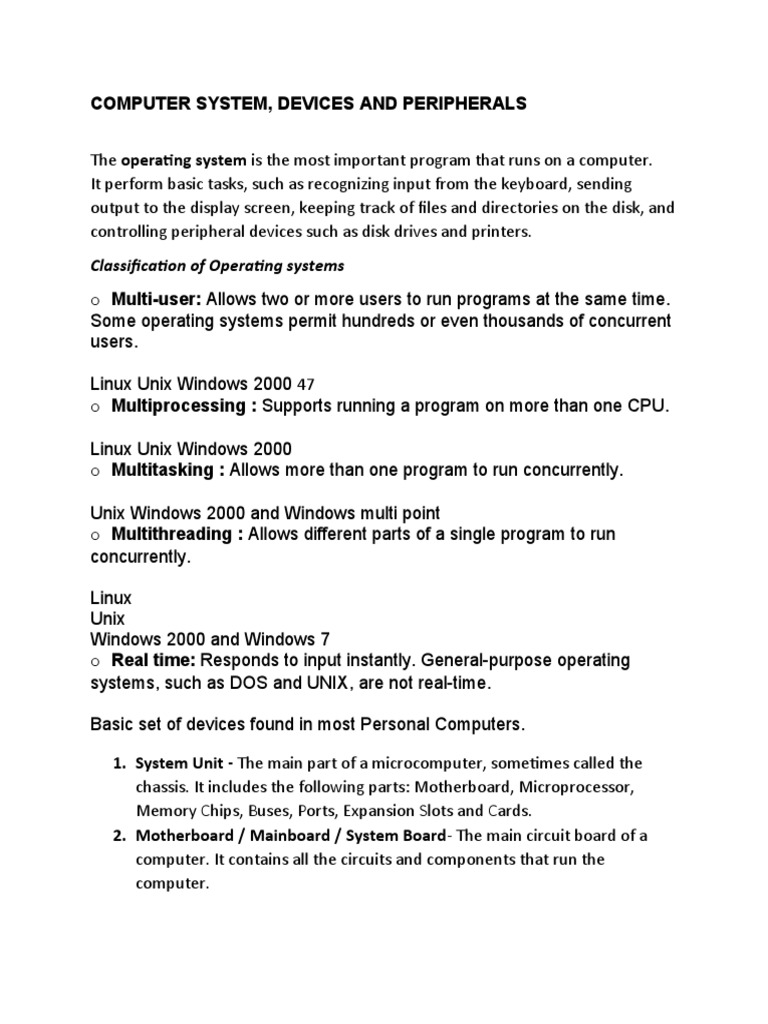 Computer System, Devices and Peripherals: Classification of Operating ...