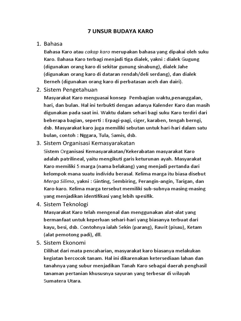 7 Unsur Budaya Karo | PDF