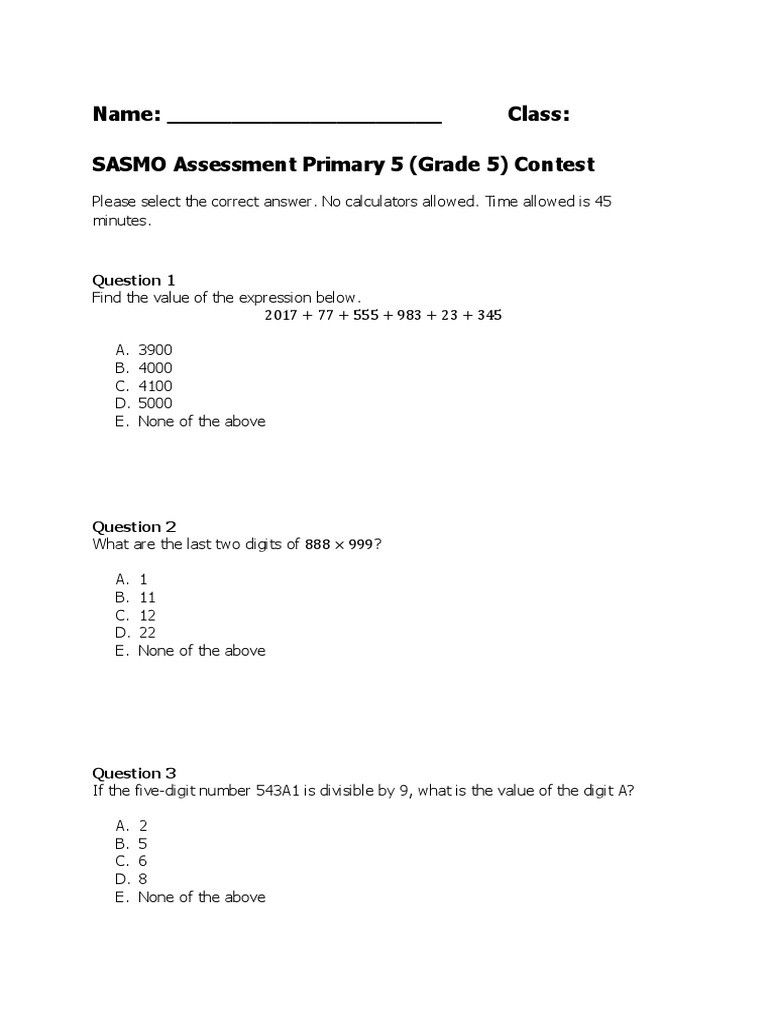P5 Assessment Paper - 2017 15 Questions | PDF | Mathematics