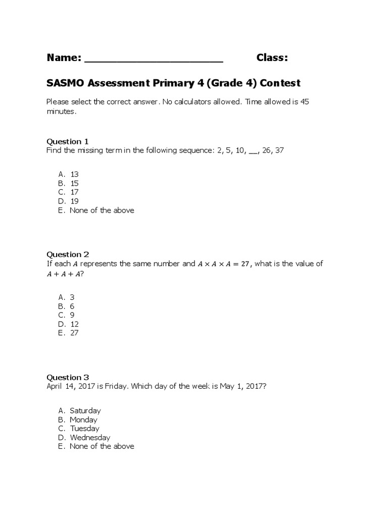 P4 Assessment Paper - 2017 15 Questions | PDF | Area