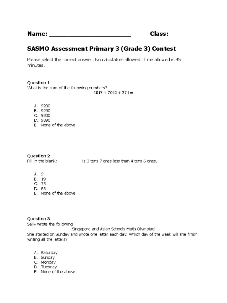 Grade 3 SASMO Math Assessment Questions | PDF | Mathematics