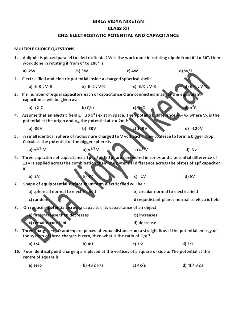 CH 2 - Electrostatic Potential - MCQ | PDF | Capacitor | Capacitance