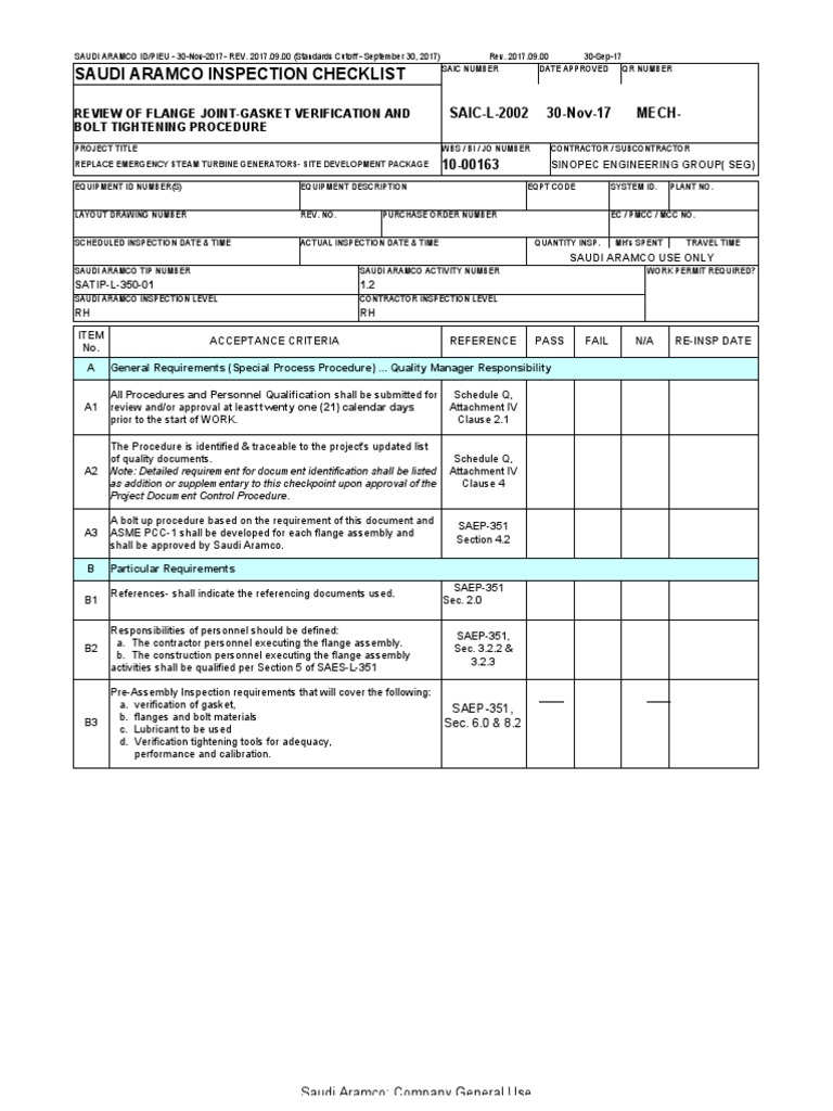Saudi Aramco Inspection Checklist: Review of Flange Joint-Gasket ...