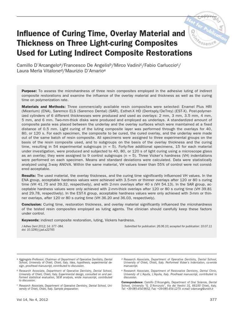 Influence of Curing Time, Overlay Material and Thickness On Three Light ...