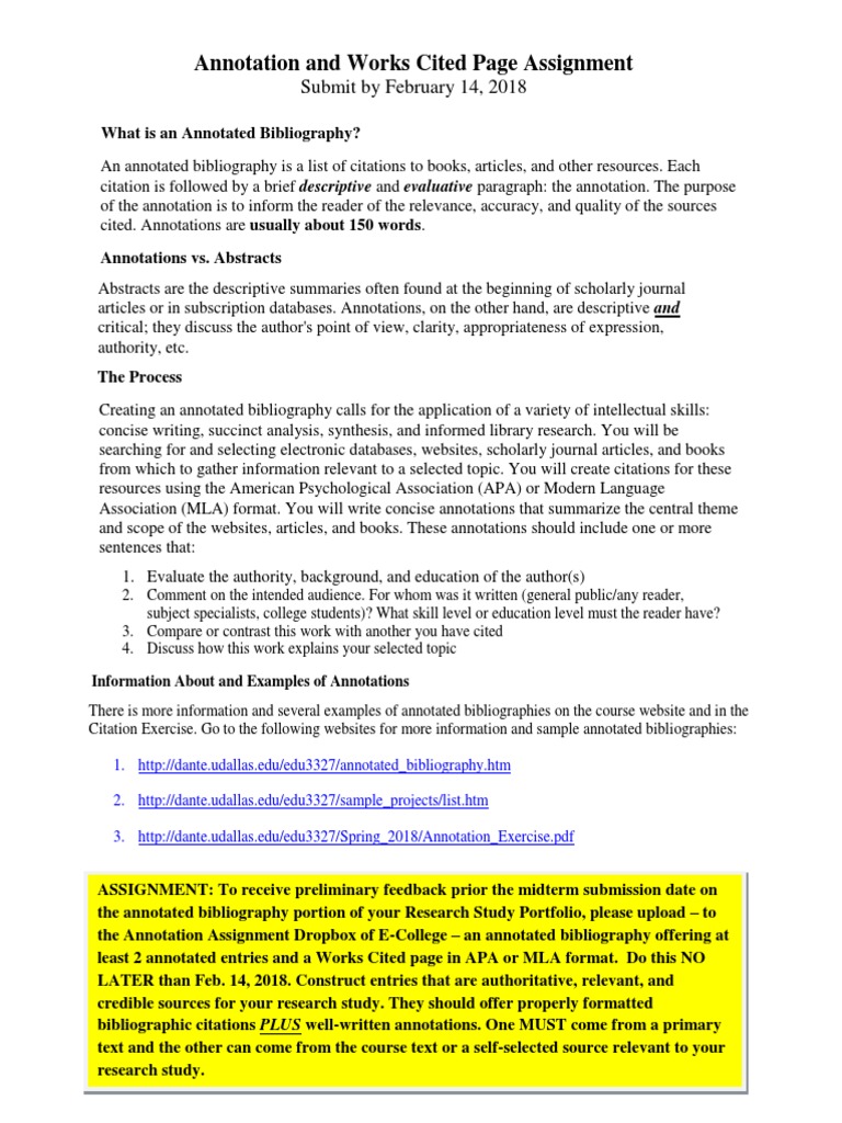 Annotation and Works Cited Page Assignment: Submit by February 14, 2018 ...