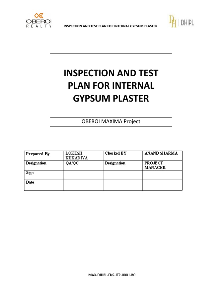 Inspection and Test Plan For Internal Gypsum Plaster: Oberoi Maxima ...