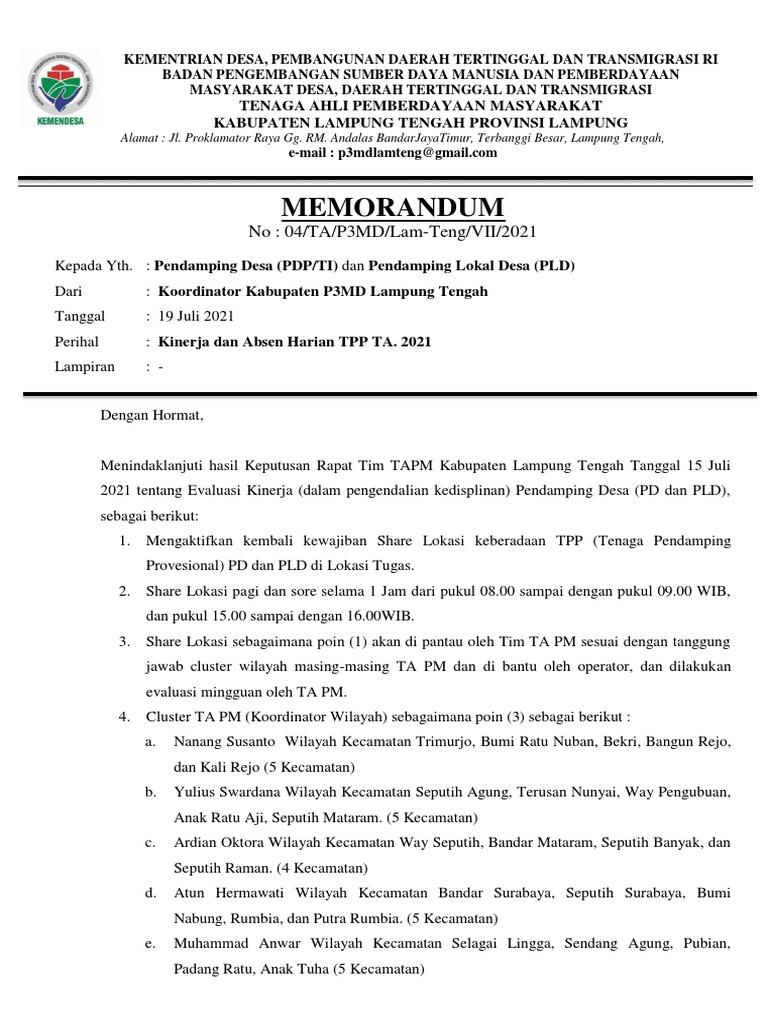 MEMORANDUM Tentang Absen TPP TA. 2021-Rev | PDF