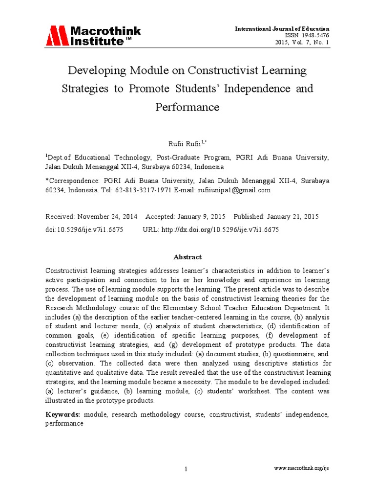Developing Module On Constructivist Learning Strategies To Promote Students' Independence and ...