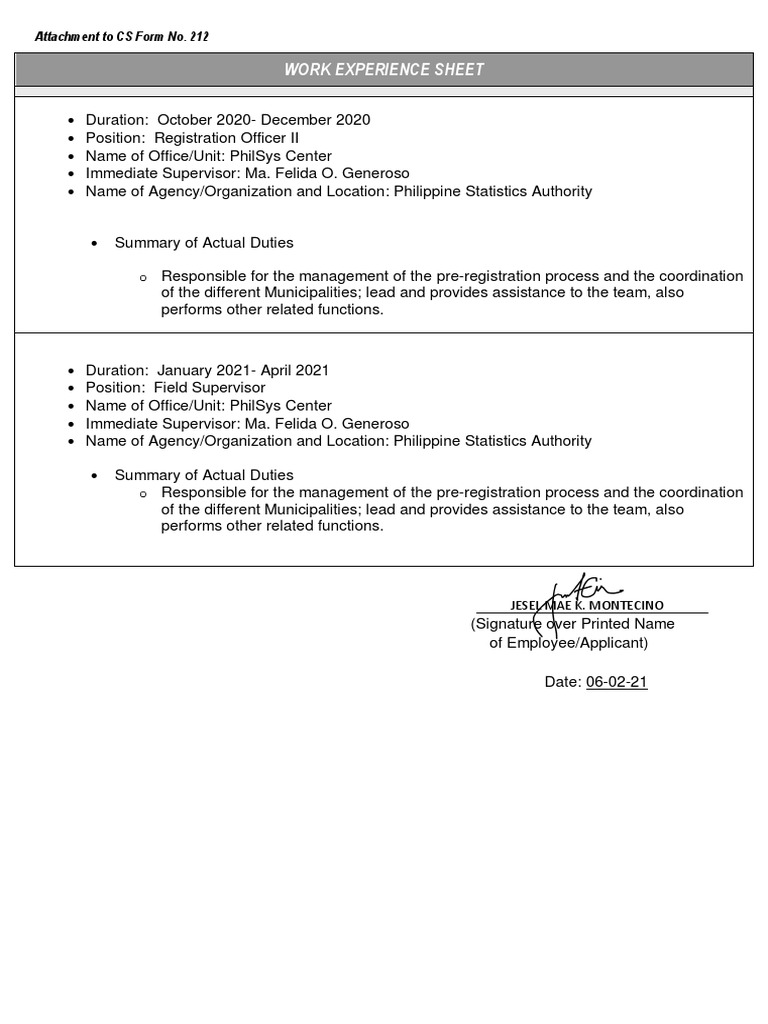 Work Experience Sheet: Attachment To CS Form No. 212 | PDF