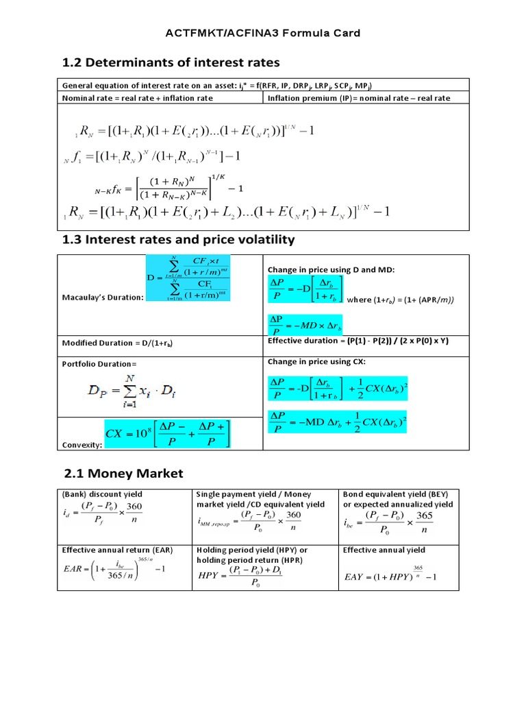 Comprehensive Formula Card for Financial Markets, Instruments, Analysis ...