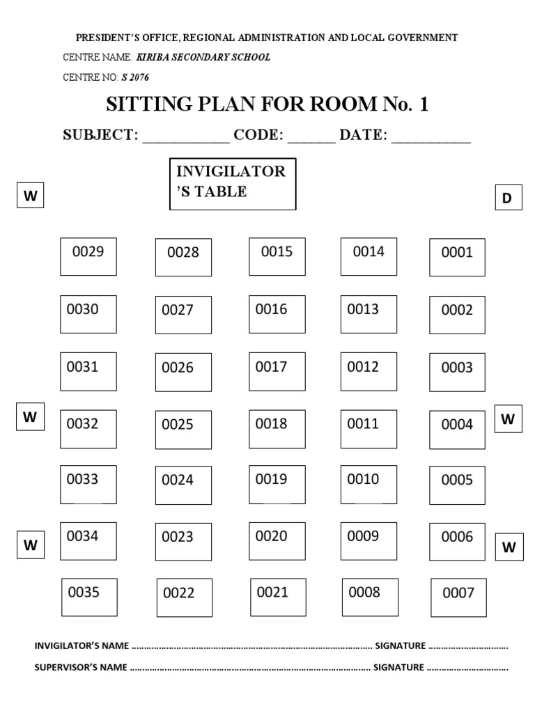 Sitting Plan For Room No. 1: SUBJECT: - CODE: - DATE: - Invigilator 'S ...