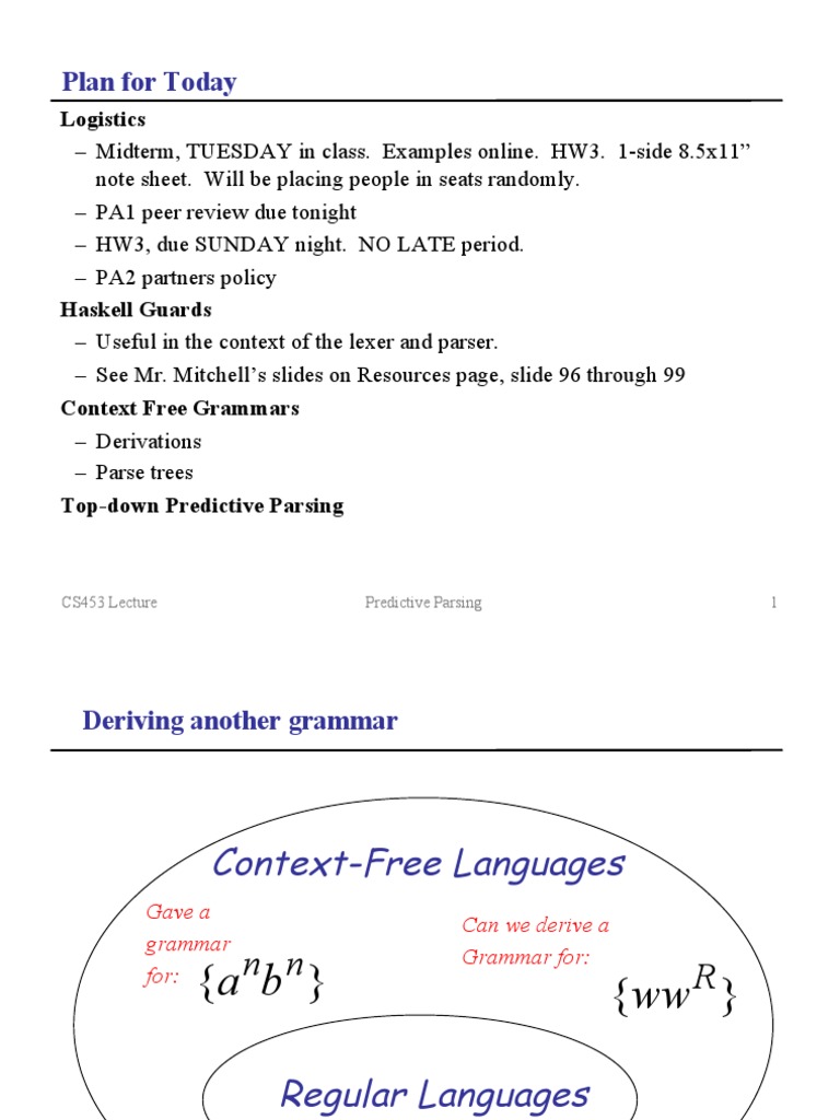 Plan For Today: Logistics | PDF | Parsing | Grammar