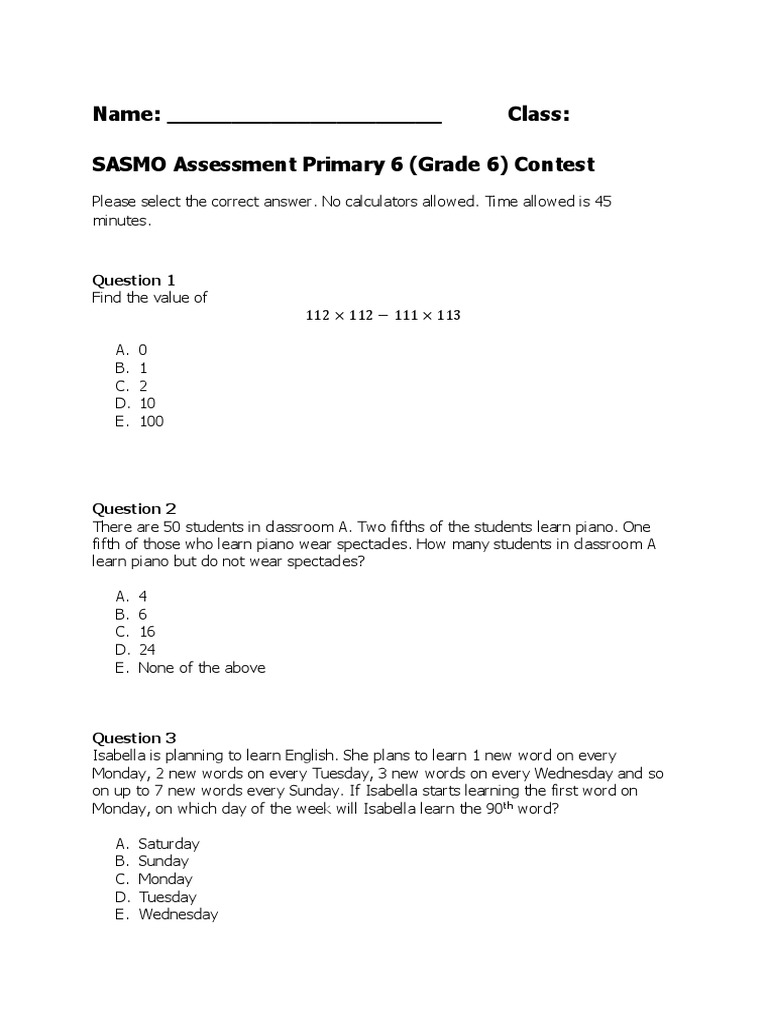P6 Assessment Paper - 2017 15 Questions | PDF