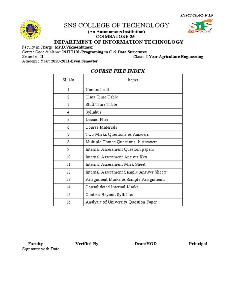 Course File Index (T) | PDF | Multiple Choice | Laboratories
