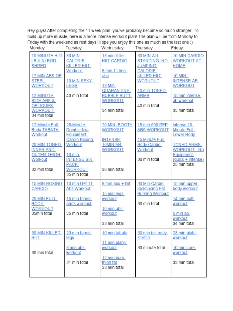 4 Week Intense Workout Plan | Download Free PDF | Hobbies ...