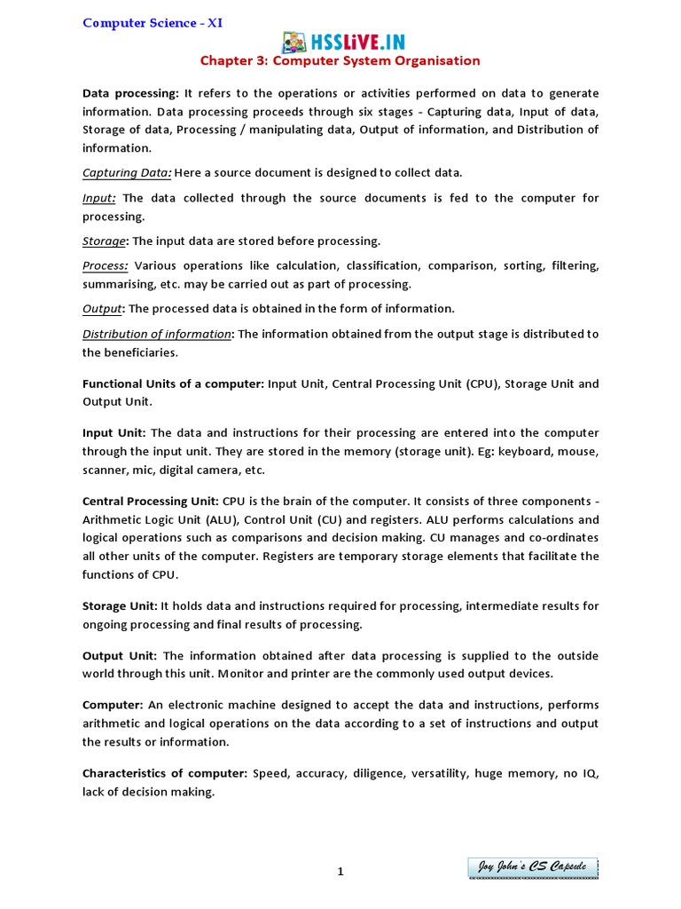 Hsslive XI CS Chap3 Computer - System - Organisation | PDF | Printer (Computing) | Computer Data ...