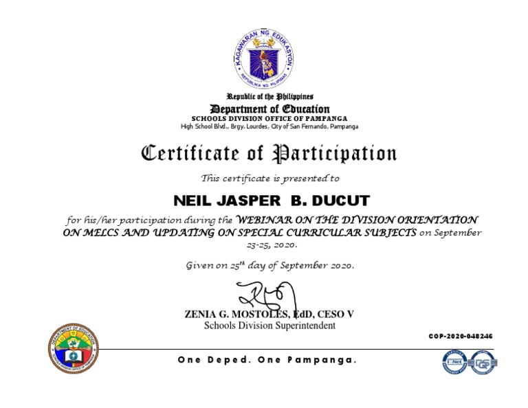 Certificate of Participation - Melcs-320 | PDF