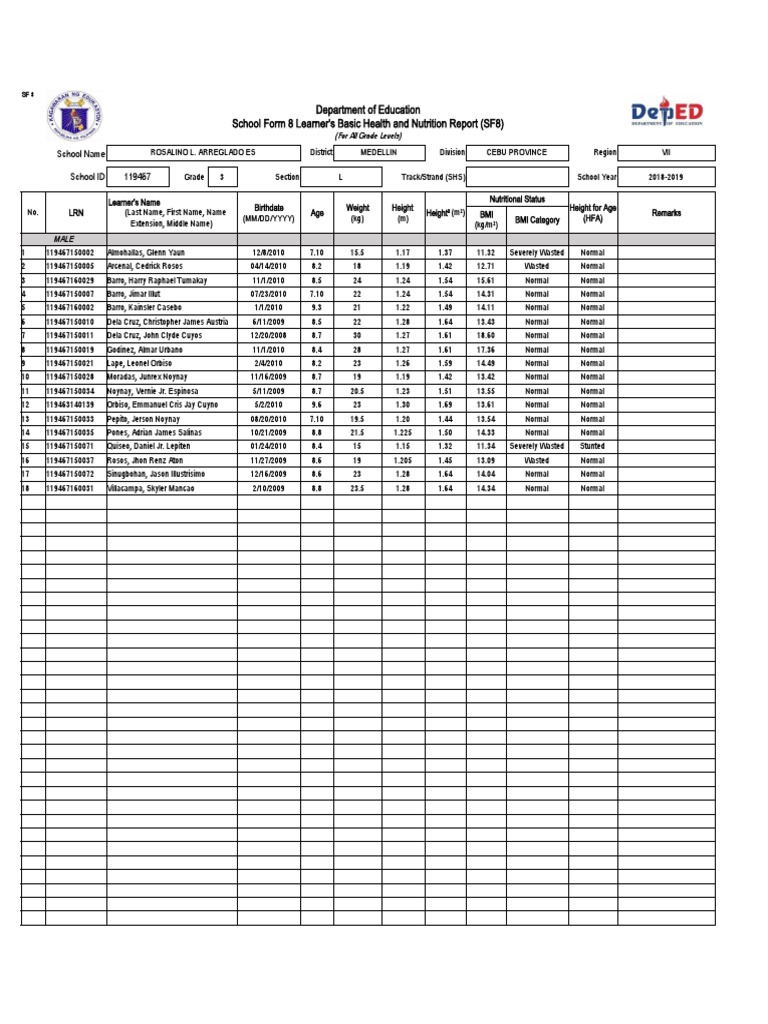 Department of Education School Form 8 Learner's Basic Health and ...